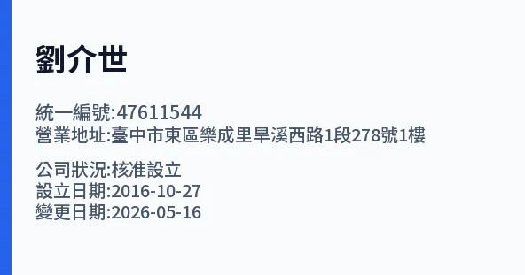 劉介世的照片-統編 47611544(臺中市) 公司登記資料與營業項目詳細圖表