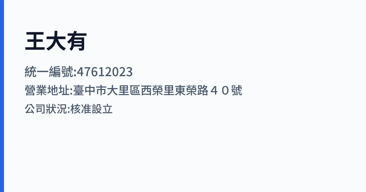 王大有 - 統編 47612023(臺中市) 公司登記資料與營業項目詳細圖表