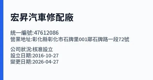 宏昇汽車修配廠的照片-統編 47612086(彰化縣) 公司登記資料與營業項目詳細圖表