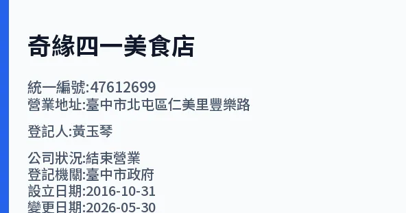奇緣四一美食店的照片-統編 47612699(臺中市) 公司登記資料與營業項目詳細圖表