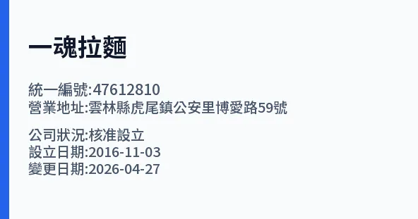 一魂拉麵的照片-統編 47612810(雲林縣) 公司登記資料與營業項目詳細圖表