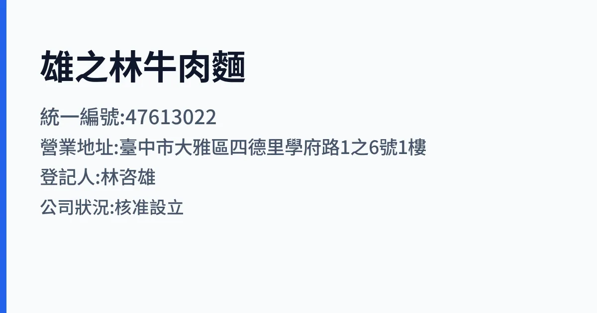 雄之林牛肉麵 - 統編 47613022(臺中市) 公司登記資料與營業項目詳細圖表