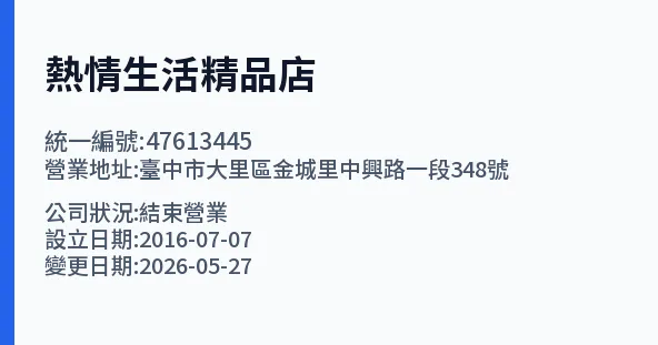 熱情生活精品店的照片-統編 47613445(臺中市) 公司登記資料與營業項目詳細圖表