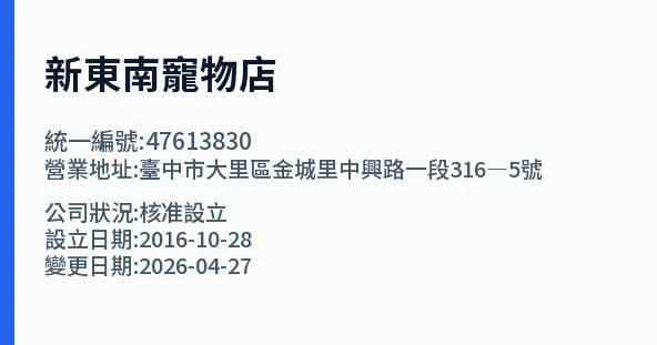 新東南寵物店的照片-統編 47613830(臺中市) 公司登記資料與營業項目詳細圖表