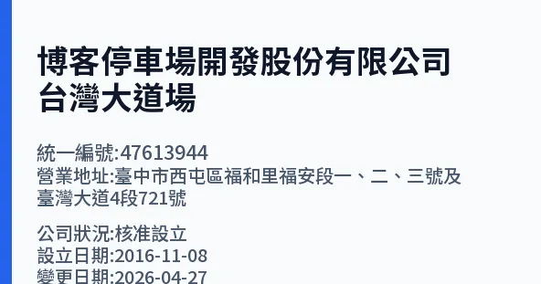 博客停車場開發股份有限公司台灣大道場的照片-統編 47613944(臺中市) 公司登記資料與營業項目詳細圖表