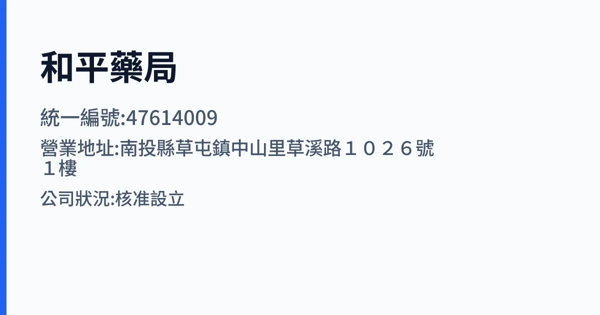 和平藥局 - 統編 47614009(南投縣) 公司登記資料與營業項目詳細圖表