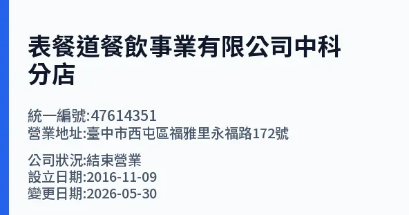 表餐道餐飲事業有限公司中科分店的照片-統編 47614351(臺中市) 公司登記資料與營業項目詳細圖表