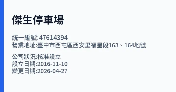 傑生停車場的照片-統編 47614394(臺中市) 公司登記資料與營業項目詳細圖表