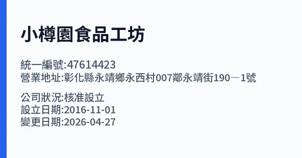 小樽園食品工坊的照片-統編 47614423(彰化縣) 公司登記資料與營業項目詳細圖表