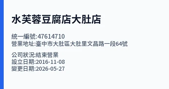 水芙蓉豆腐店大肚店的照片-統編 47614710(臺中市) 公司登記資料與營業項目詳細圖表