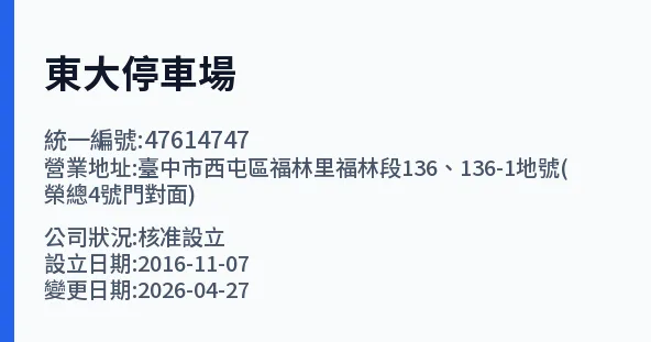 東大停車場的照片-統編 47614747(臺中市) 公司登記資料與營業項目詳細圖表