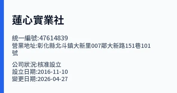 蓮心實業社的照片-統編 47614839(彰化縣) 公司登記資料與營業項目詳細圖表