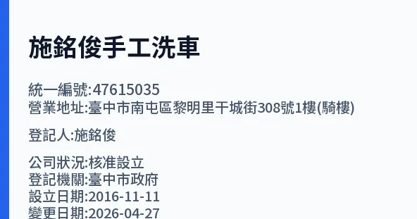 施銘俊手工洗車的照片-統編 47615035(臺中市) 公司登記資料與營業項目詳細圖表
