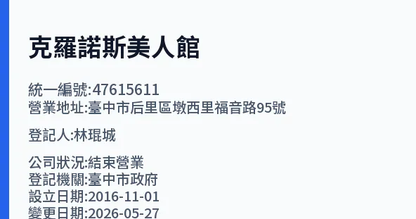 克羅諾斯美人館的照片-統編 47615611(臺中市) 公司登記資料與營業項目詳細圖表