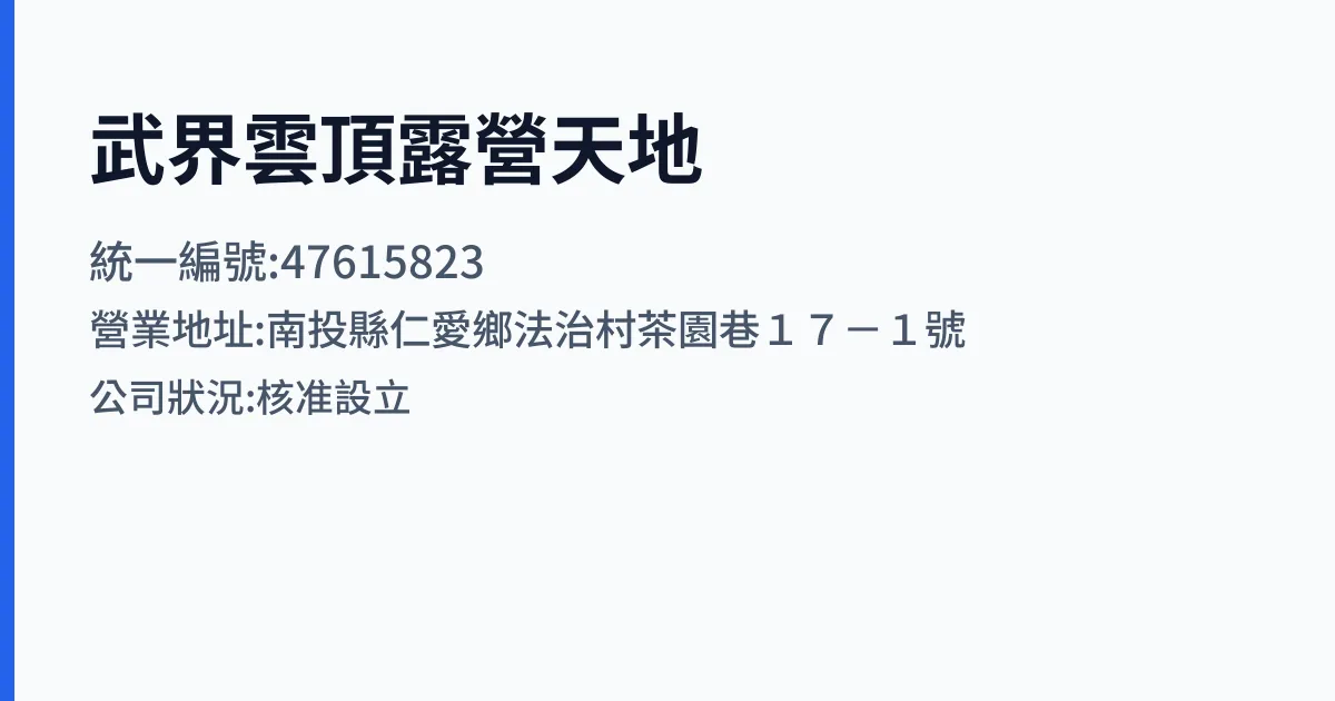 武界雲頂露營天地 - 統編 47615823(南投縣) 公司登記資料與營業項目詳細圖表