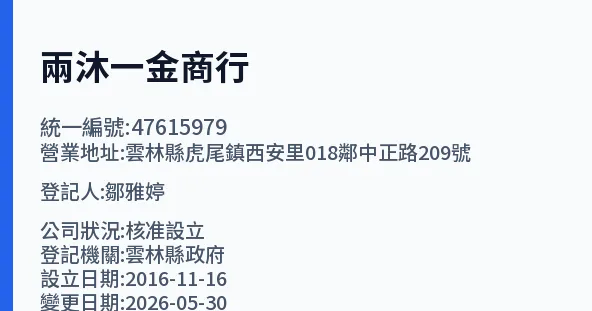 兩沐一金商行的照片-統編 47615979(雲林縣) 公司登記資料與營業項目詳細圖表