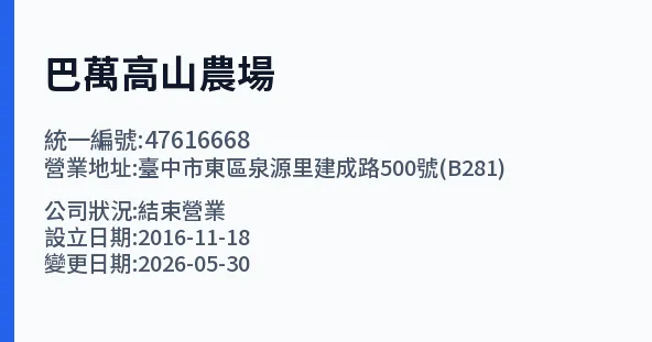 巴萬高山農場的照片-統編 47616668(臺中市) 公司登記資料與營業項目詳細圖表