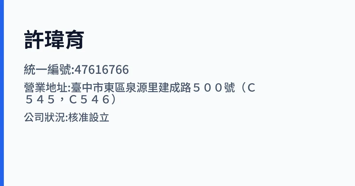 許瑋育 - 統編 47616766(臺中市) 公司登記資料與營業項目詳細圖表