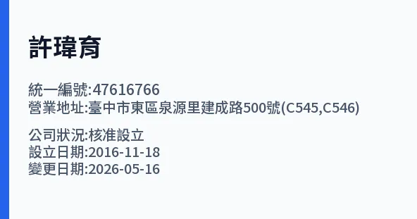 許瑋育的照片-統編 47616766(臺中市) 公司登記資料與營業項目詳細圖表