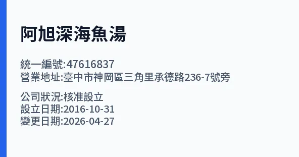 阿旭深海魚湯的照片-統編 47616837(臺中市) 公司登記資料與營業項目詳細圖表