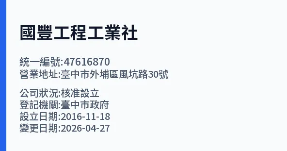 國豐工程工業社的照片-統編 47616870(臺中市) 公司登記資料與營業項目詳細圖表