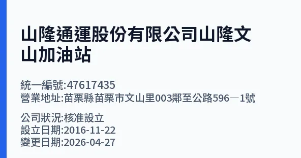 山隆通運股份有限公司山隆文山加油站的照片-統編 47617435(苗栗縣) 公司登記資料與營業項目詳細圖表
