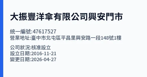 大振豐洋傘有限公司興安門市的照片-統編 47617527(臺中市) 公司登記資料與營業項目詳細圖表