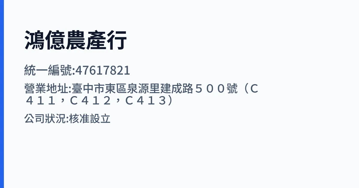 鴻億農產行 - 統編 47617821(臺中市) 公司登記資料與營業項目詳細圖表