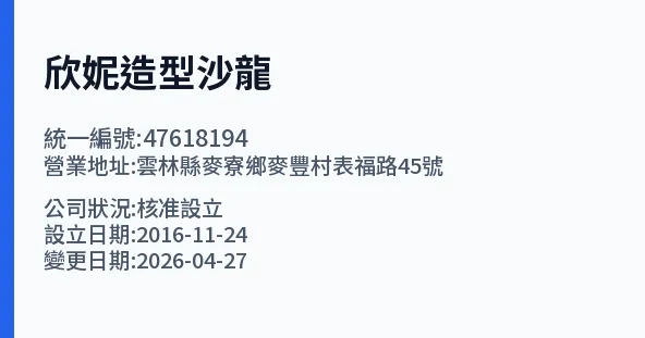 欣妮造型沙龍的照片-統編 47618194(雲林縣) 公司登記資料與營業項目詳細圖表