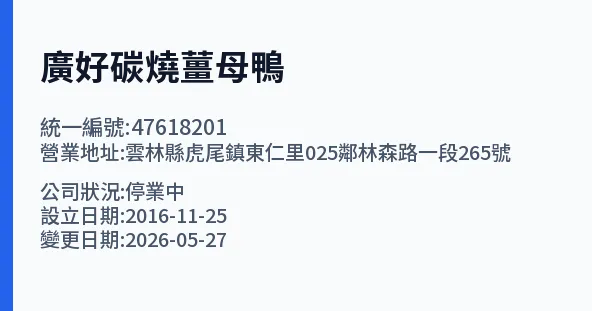 廣好碳燒薑母鴨的照片-統編 47618201(雲林縣) 公司登記資料與營業項目詳細圖表