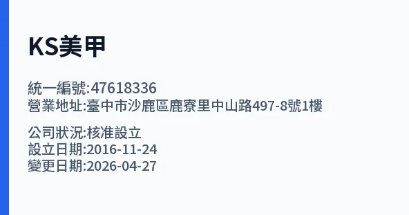 KS美甲的照片-統編 47618336(臺中市) 公司登記資料與營業項目詳細圖表