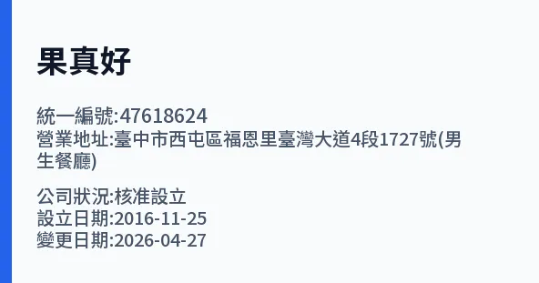 果真好的照片-統編 47618624(臺中市) 公司登記資料與營業項目詳細圖表