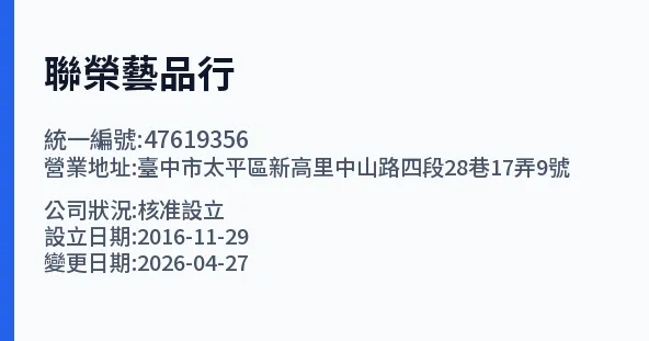 聯榮藝品行的照片-統編 47619356(臺中市) 公司登記資料與營業項目詳細圖表