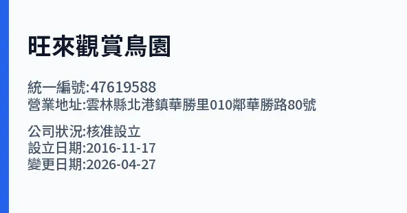 旺來觀賞鳥園的照片-統編 47619588(雲林縣) 公司登記資料與營業項目詳細圖表