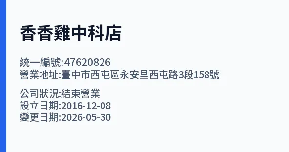 香香雞中科店的照片-統編 47620826(臺中市) 公司登記資料與營業項目詳細圖表