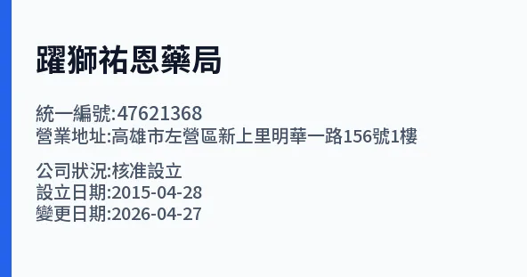 躍獅祐恩藥局的照片-統編 47621368(高雄市) 公司登記資料與營業項目詳細圖表