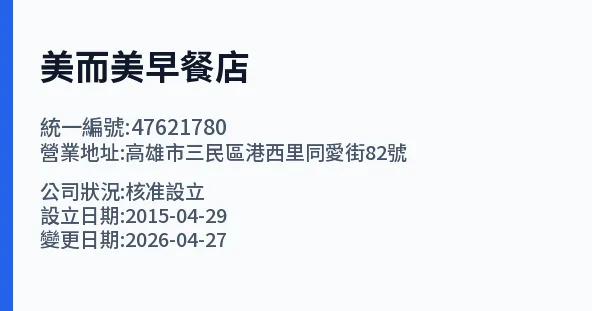 美而美早餐店的照片-統編 47621780(高雄市) 公司登記資料與營業項目詳細圖表