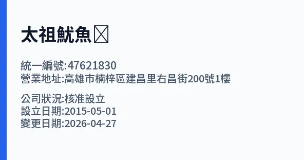 太祖魷魚焿的照片-統編 47621830(高雄市) 公司登記資料與營業項目詳細圖表