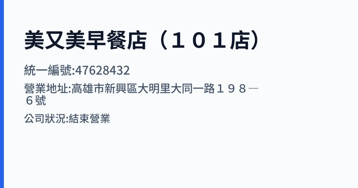 美又美早餐店(101店) - 統編 47628432(高雄市) 公司登記資料與營業項目詳細圖表