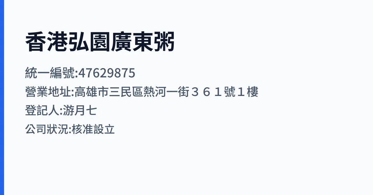 香港弘園廣東粥 - 統編 47629875(高雄市) 公司登記資料與營業項目詳細圖表