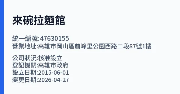 來碗拉麵館的照片-統編 47630155(高雄市) 公司登記資料與營業項目詳細圖表
