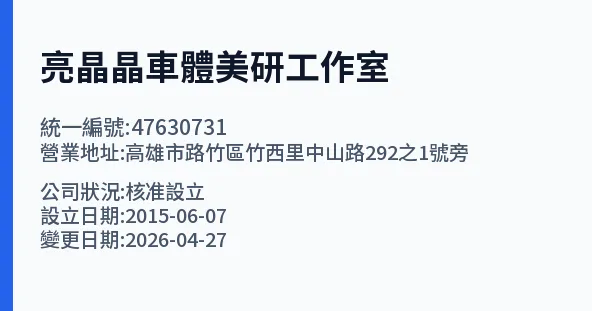 亮晶晶車體美研工作室的照片-統編 47630731(高雄市) 公司登記資料與營業項目詳細圖表