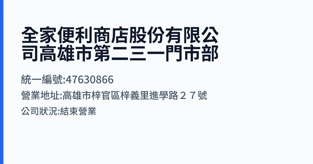 全家便利商店股份有限公司高雄市第二三一門市部 - 統編 47630866(高雄市) 公司登記資料與營業項目詳細圖表