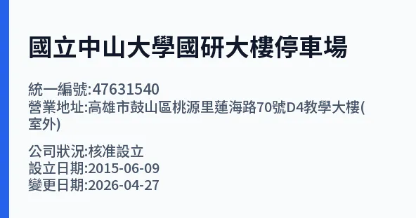 國立中山大學國研大樓停車場的照片-統編 47631540(高雄市) 公司登記資料與營業項目詳細圖表