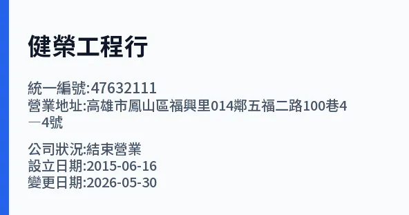 健榮工程行的照片-統編 47632111(高雄市) 公司登記資料與營業項目詳細圖表