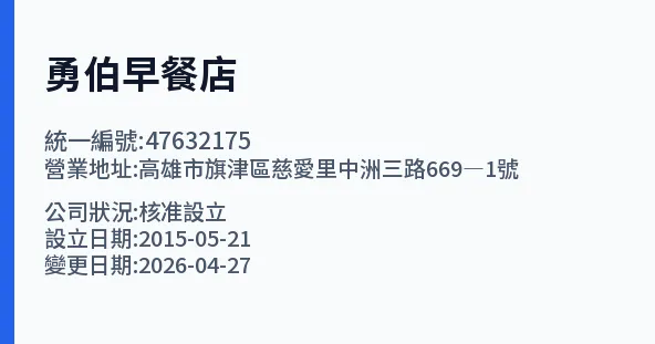 勇伯早餐店的照片-統編 47632175(高雄市) 公司登記資料與營業項目詳細圖表