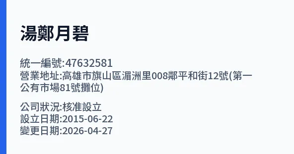湯鄭月碧的照片-統編 47632581(高雄市) 公司登記資料與營業項目詳細圖表