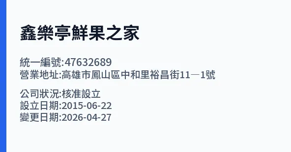 鑫樂亭鮮果之家的照片-統編 47632689(高雄市) 公司登記資料與營業項目詳細圖表