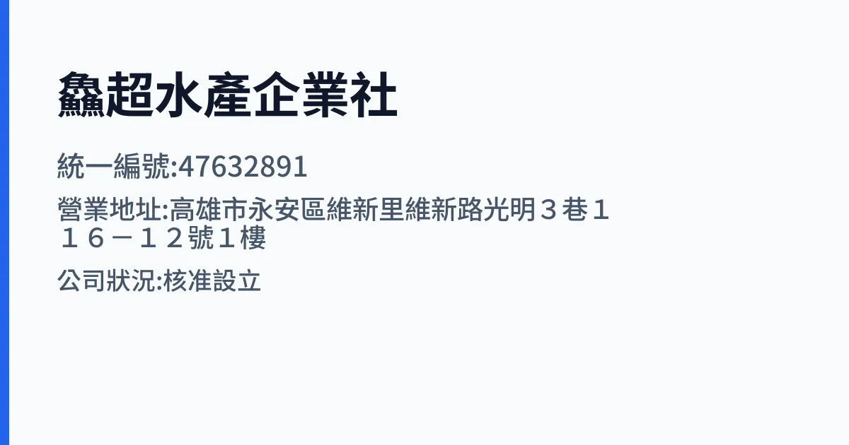 鱻超水產企業社 - 統編 47632891(高雄市) 公司登記資料與營業項目詳細圖表