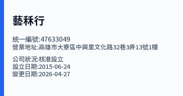 藝秝行的照片-統編 47633049(高雄市) 公司登記資料與營業項目詳細圖表